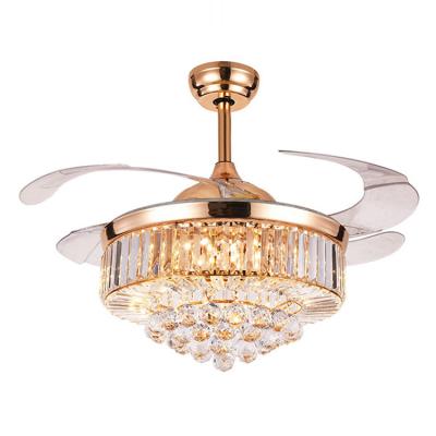 China Arabic Luxury Retractable Chandelier Crystal Fancy Hidden Transparent Blade Led Ceiling Fan With Remote Control for sale