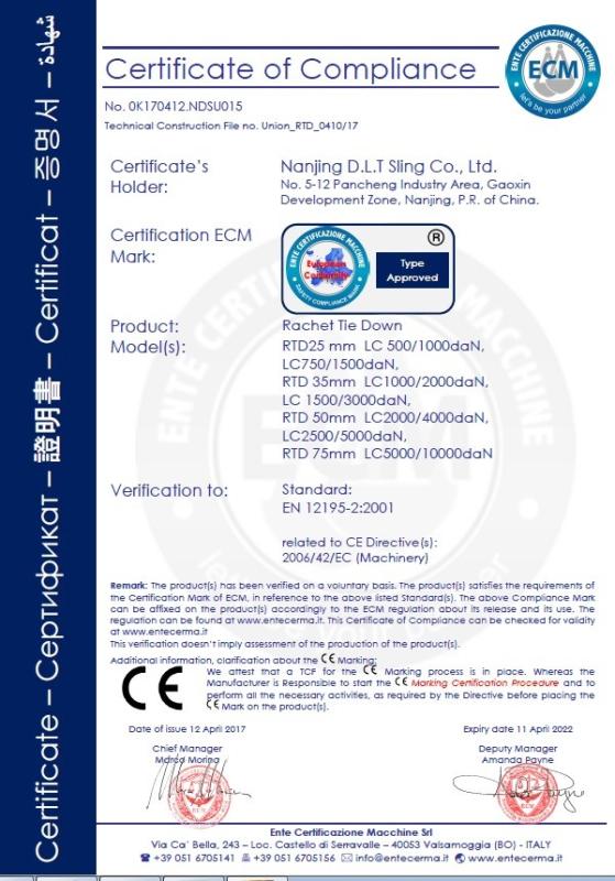 CE RATCHET TIE DOWN - NANJING D.L.T SLING CO.,LTD