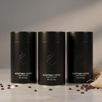 China Cylindrical Coffee Tin Cans Matte Black Design Embossed Logo Acceptable Perfect for Coffee Packaging and Consumer Appeal for sale