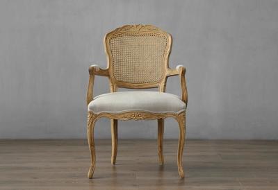 China Louis french style rattan back chair wood carved upholstered dining chair linen fabric rental dining chair with armrest for sale