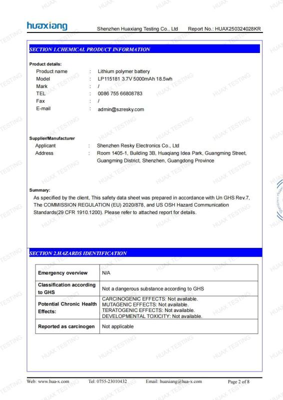 MSDS - Shenzhen Resky Electronics Co., Ltd.