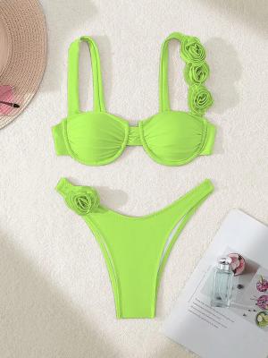 Китай Striped Floral Ruched Halter Design Bikini Swimsuit for Beach and Vacation продается