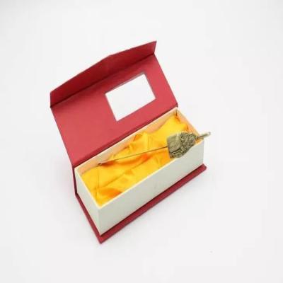 China custom red bookmark gift box with silk cloth hinged rigid bookmark box with window for sale