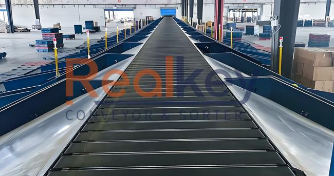 Realkey Narrow Belt Sorter in operation showing parcel sorting process