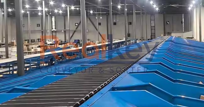 Automated parcel sorting narrow belt sorter system in operation