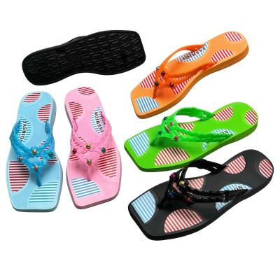 China Stylish Striped EVA Flip Flops Women Comfortable Open-Toe Rhinestone Eco-Friendly Durable Daily Beach Use Multi-Color Spring for sale