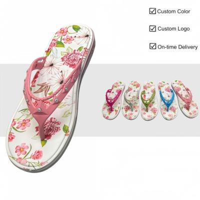 China Women's Floral Print Flip Flops — White Sole, Pink Flowers, Green Leaves, Multi-Color Straps for sale
