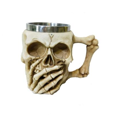 China 400ml viking skull polyresin double side stainless steel mug for sale