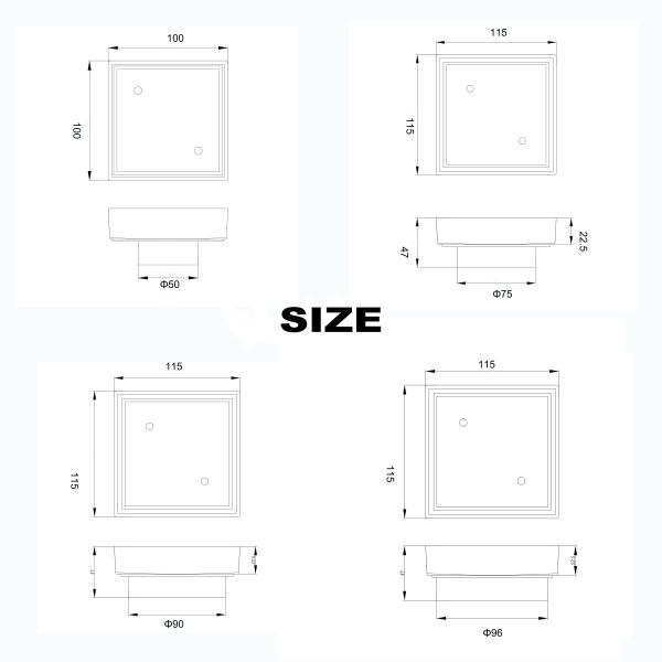 Quality 115mm 75mm Brass Floor Drain Tile Insert Square Grate Cover Strainer for for sale