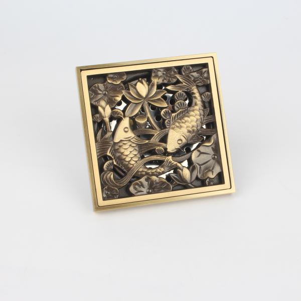 Quality Antique Brass 4-Inch Square Bathroom Shower Floor Drain with Vintage Fish Pattern Modern Design for Hotel Use for sale