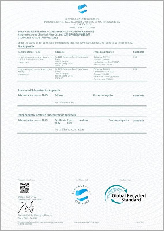 GRS SCOPE CERTIFICATE - JIANGYIN HUAHONG CHEMICAL FIBER CO., LTD.