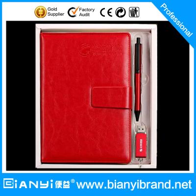 China Promotional Leather Business Gift Sets with Notebook and Pen & 4GB Flash driver in Red col for sale