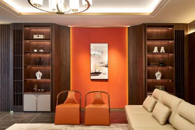 China OEM/ODM CUSTOM CHINA FURNITURE MANUFACTURER NEW CHINESE LIVING ROOM INTERIOR DESIGN PROJECT | CUSTOM FIXED WOOD WALL SHOWCASE & FULL SET MOVABLE LEATHER SOFA FURNISHING SUPPLY for sale