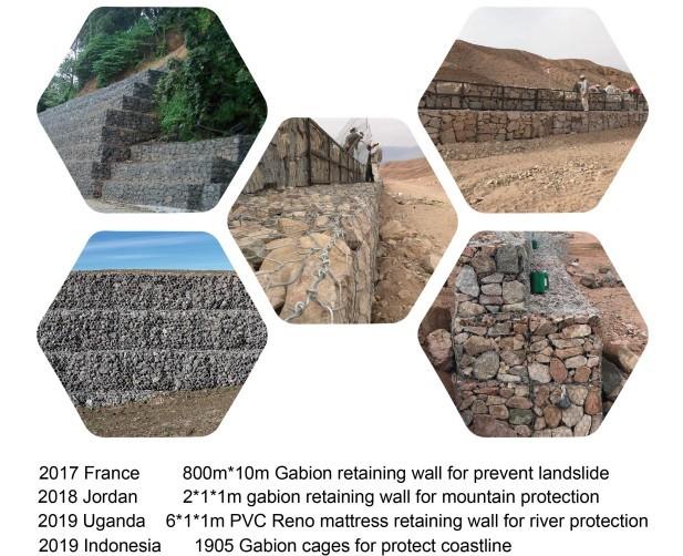 Gabion cages filled with stone for retaining wall construction