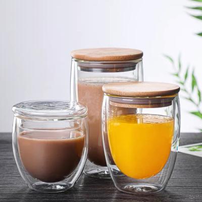 Cina tazze da caffè di vetro doppie di 250ml 350ml 450ml con il coperchio di bambù in vendita