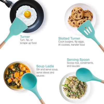 Cina Utensili da cucina verdi della cucina del silicone messi con le maniglie di bambù di legno in vendita