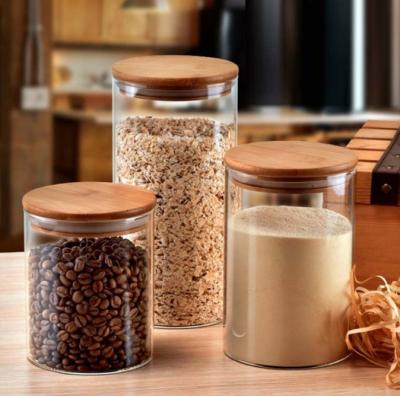 Cina Alti contenitori di stoccaggio della spezia del vetro borosilicato con i coperchi di bambù in vendita