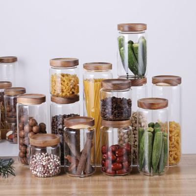 China recipiente de armazenamento de vidro do alimento de 700ml 1000ml 1300ml com a tampa de madeira hermética à venda