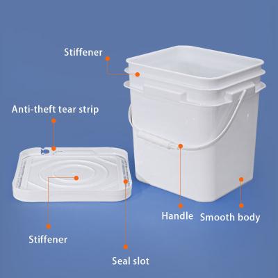 China PP Square Shape 5 Gallon Paint Pail Transparent Food Grade Plastic Bucket With Lid Handle for sale