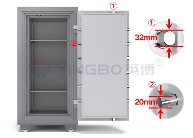 Close-up of solid steel dead bolts in safe door