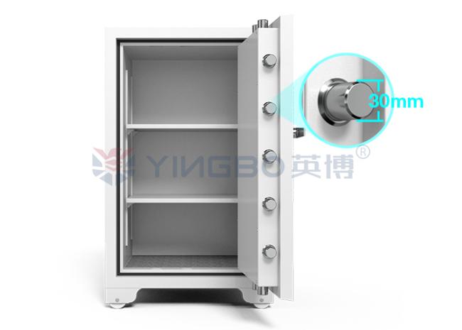 Close-up view of 30mm solid steel latches on safe box