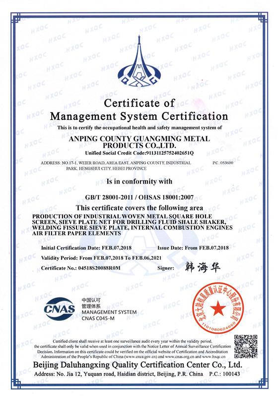 ISO 18001:2007 - Anping Guangming Metal Products Co., Ltd.