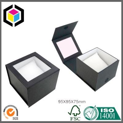 China Velcro Close Black Color Watch Paper Gift Box with Pillow Shape Foam Clear Window for sale