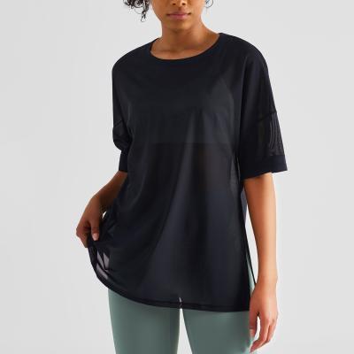 China Korte de Kokert-shirt van tweezijdige de Geschiktheidsvrouwen van Brokaatmesh stitching casual sports top Te koop