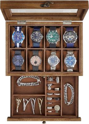 China Handgefertigte 8-Schlitze Rustikale Walnussholz-Uhr-Box 2-Tier-Display-Kase mit großem Glasdeckel zu verkaufen