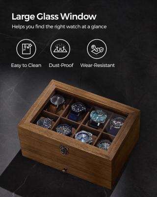 China Handgefertigte 8-Schlitze Rustikale Walnussholz-Uhr-Box 2-Tier-Display-Kase mit großem Glasdeckel zu verkaufen