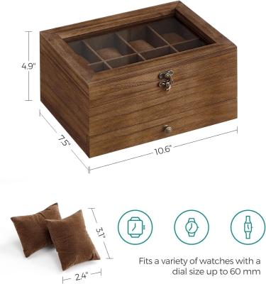 China Handgefertigte 8-Schlitze Rustikale Walnussholz-Uhr-Box 2-Tier-Display-Kase mit großem Glasdeckel zu verkaufen