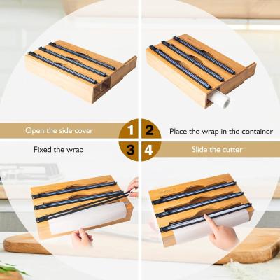 China Slide Cutter Kitchen Drawer Organizer Bamboo 3 in 1 Foil and Plastic Cling Wrap Dispenser for sale