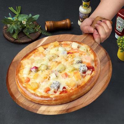 China Acacia Wood Cutting Board With Handle Eco Friendly Cheese Bread Wooden Chopping Board Round Paddle for sale