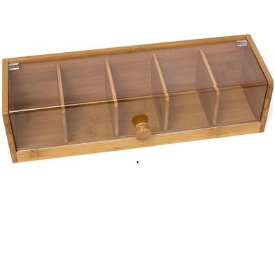 中国 カスタムサービス 14 X 5 X 3 インチ 5 セクション 竹木アクリル茶箱 シンプルな色 販売のため