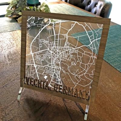 China Custom Engraved Rectangular or Square Acrylic and Wood Map for Wedding or Anniversary for sale