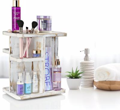 China Rotating Carousel Makeup Organizer for Cosmetics and Skin Care in Custom Rustic White Wood for sale