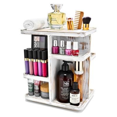 China Rotating Carousel Makeup Organizer for Cosmetics and Skin Care in Custom Rustic White Wood for sale