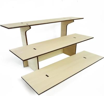 China Glossy Lamination 3-Tier Straight Wooden Retail Table Display Rack Stand with Shelves for sale