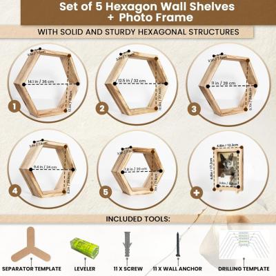 China Set of 5 Hexagon Floating Shelves with Custom Burned Design and Photo Frame for sale