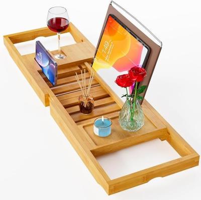 China Caixa de banho de madeira expansível Caddy com porta-livros e telefone Logotipo personalizado aceitável à venda