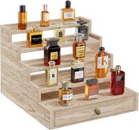 Quality Varnishing Wooden Cologne Stand Rack Display Risers Shelf with Drawer Storage for sale