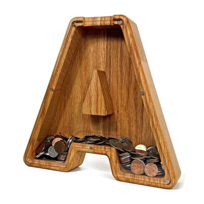 China Large Money Box with Personalized Alphabet Custom Logo Accepted Wooden Piggy Bank for sale
