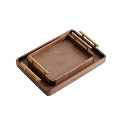 China Rustic Brass Handles Walnut Wooden Coffee Table Serving Tray for Desserts Cakes Tea Cups Handmade for sale