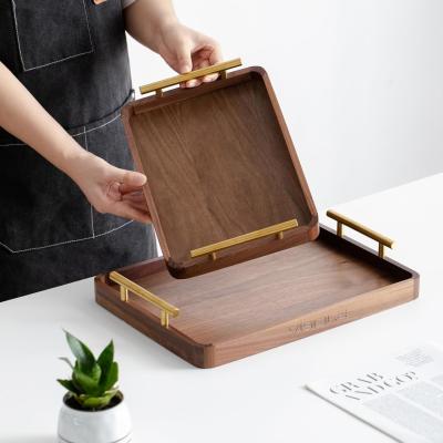 China Rustic Brass Handles Walnut Wooden Coffee Table Serving Tray for Desserts Cakes Tea Cups Handmade for sale