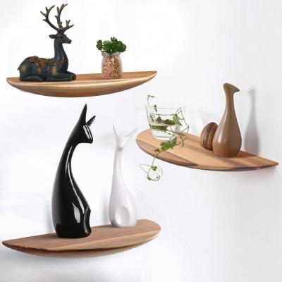 China Custom Size Color Semi Circle Shaped Set Of 3 14inch Acacia Wood Floating Shelves for sale