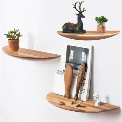 China Custom Size Color Semi Circle Shaped Set Of 3 14inch Acacia Wood Floating Shelves for sale