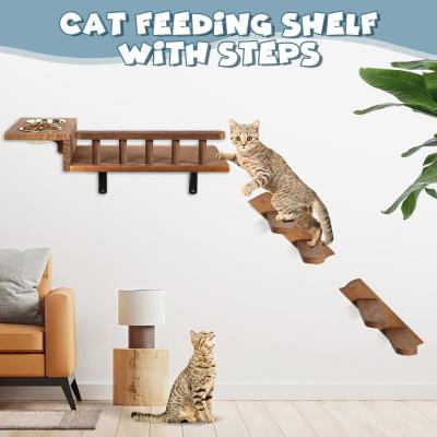 China Say Goodbye to Messy Floors Wall Mounted Cat Feeding Shelf with Ladder and 2 Bowls for sale