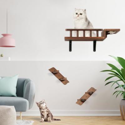 China Say Goodbye to Messy Floors Wall Mounted Cat Feeding Shelf with Ladder and 2 Bowls for sale