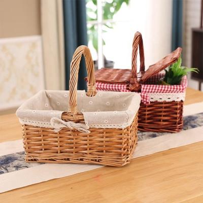 China Rural Wind Hand-Woven Cube Wicker Garden Picnic Storage Baskets with Handle 30x20x15cm Stocked for sale