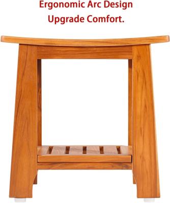 China Wooden Bathroom Spa Bathing Stool with Handle and Shelf in Natural Color Teak Wood for sale